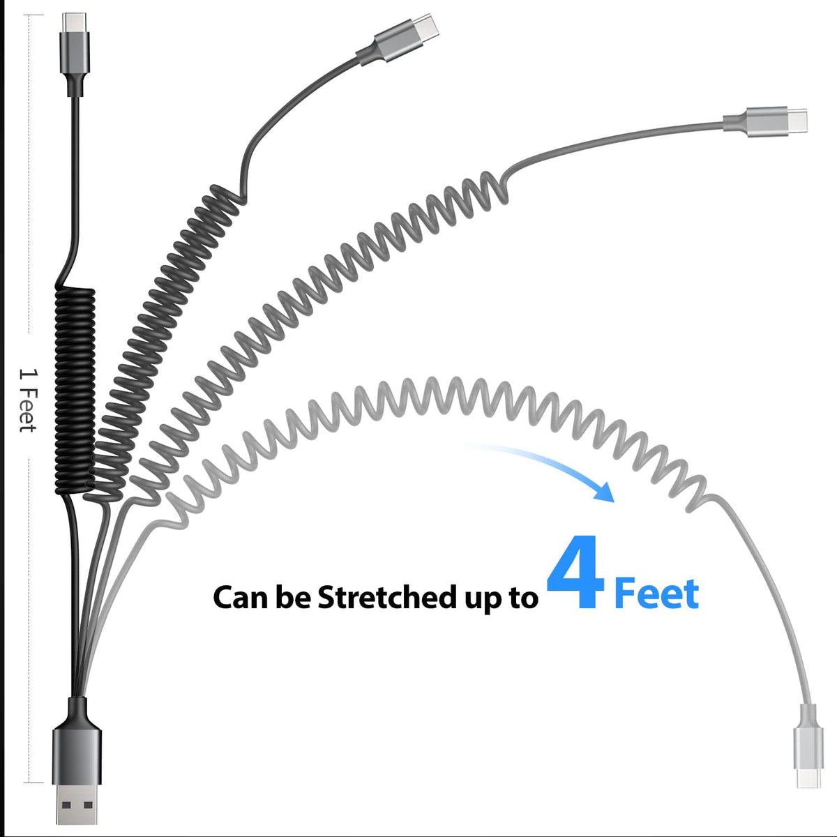 USB C Cable, Terasako [2-Pack] Coiled Spring USB Type C Cable, USB A t