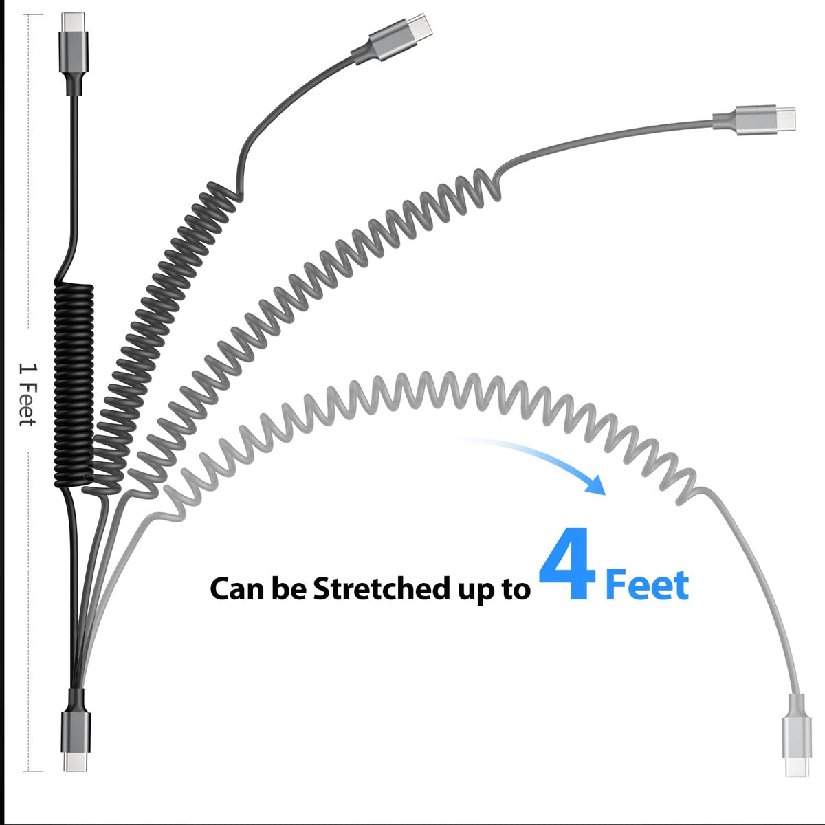 Terasako Coiled USB C to USB C Cable, Spring USB Type C Charging Cable